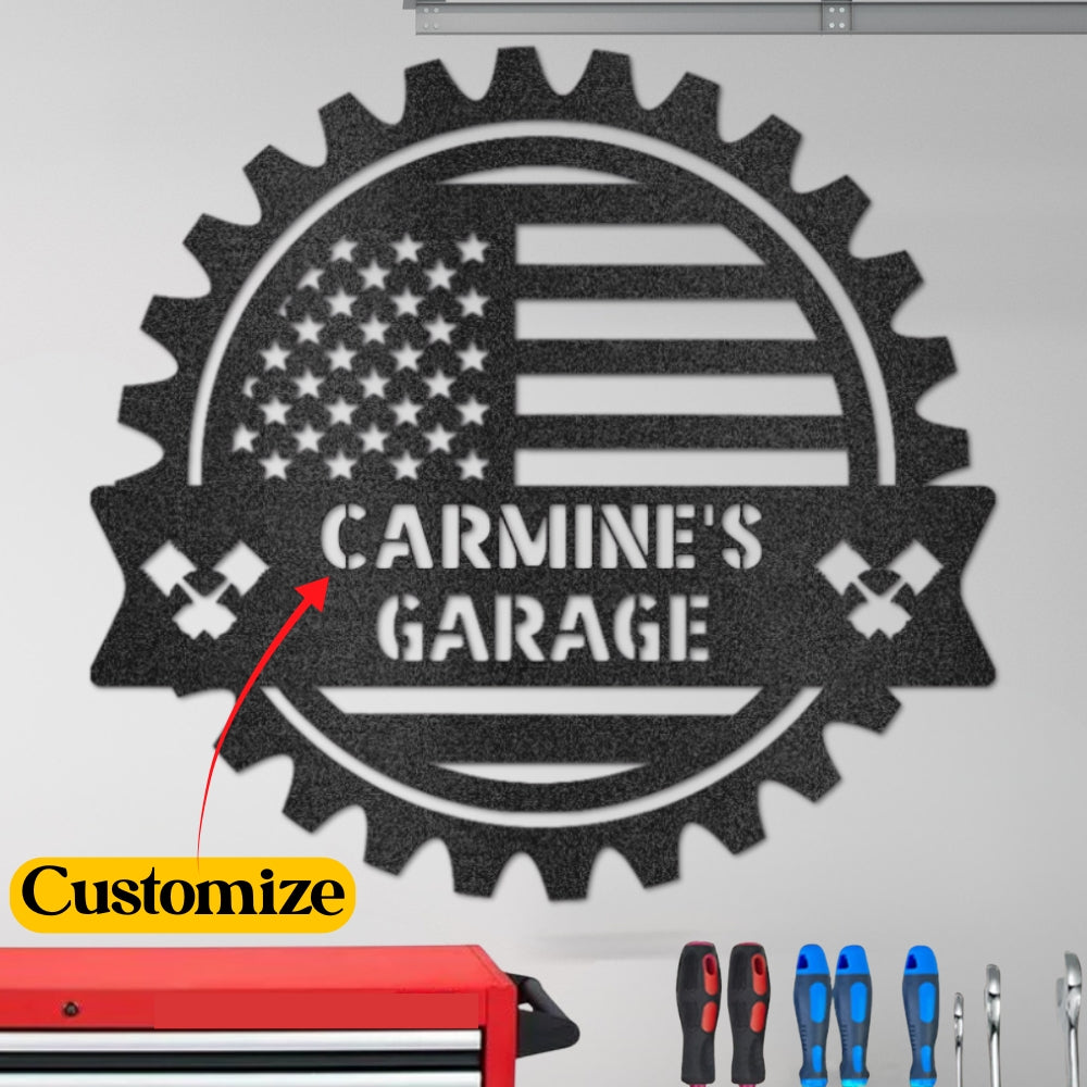 Personalized United States Flag Garage Sign – Vintage Car Merch