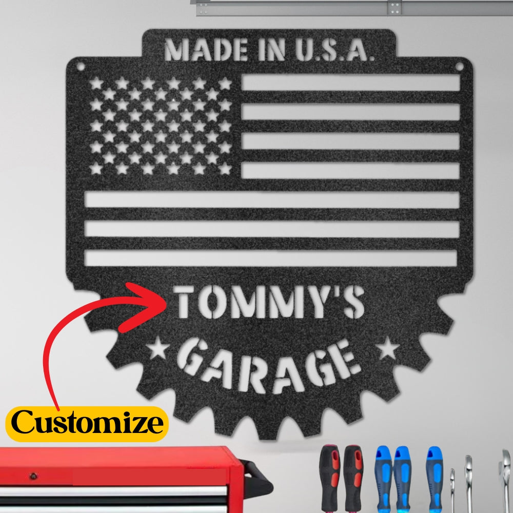 Personalized American Flag Garage Sign – Vintage Car Merch
